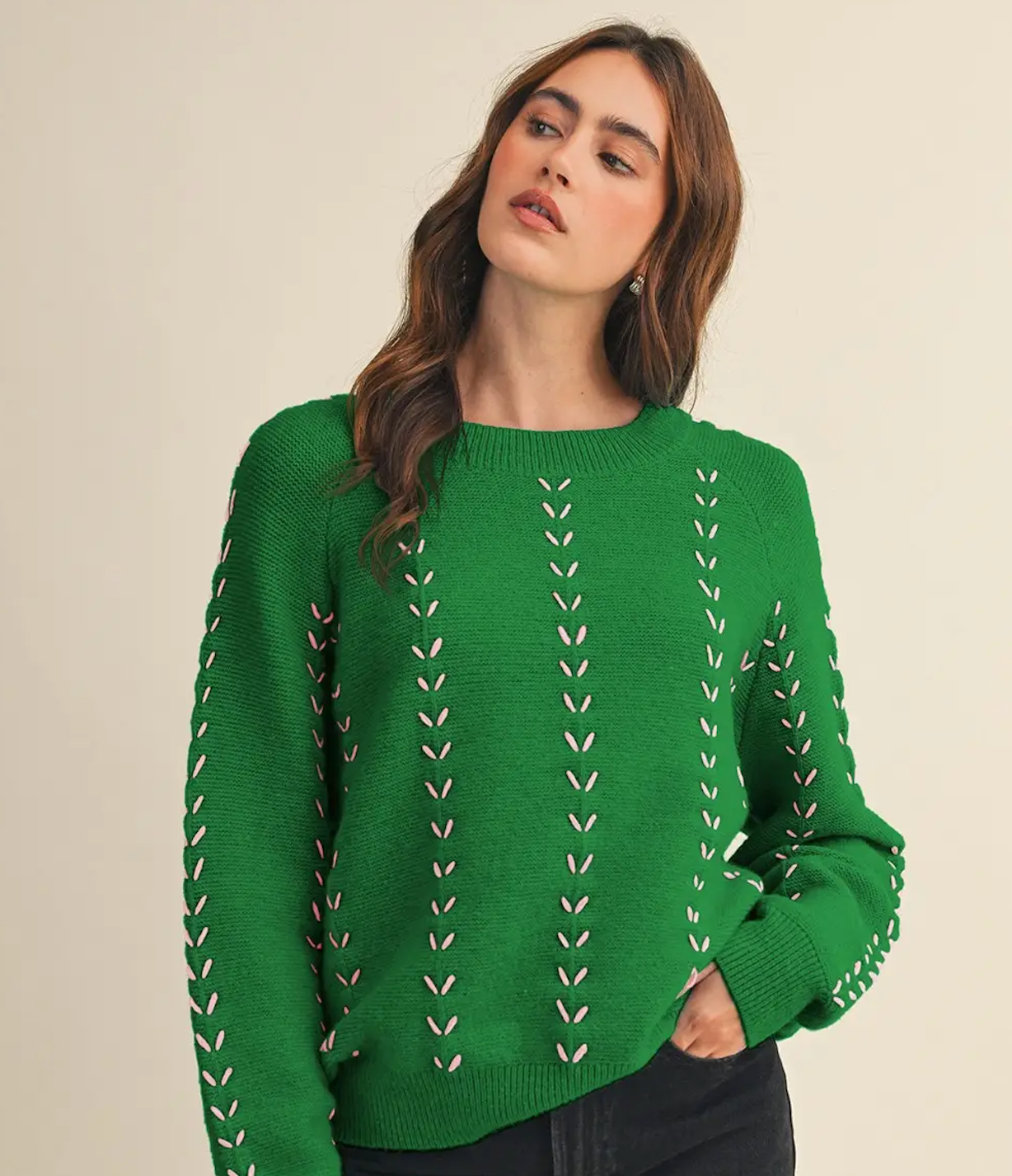 Penelope Embroidered Sweater - Green – The Pink Box